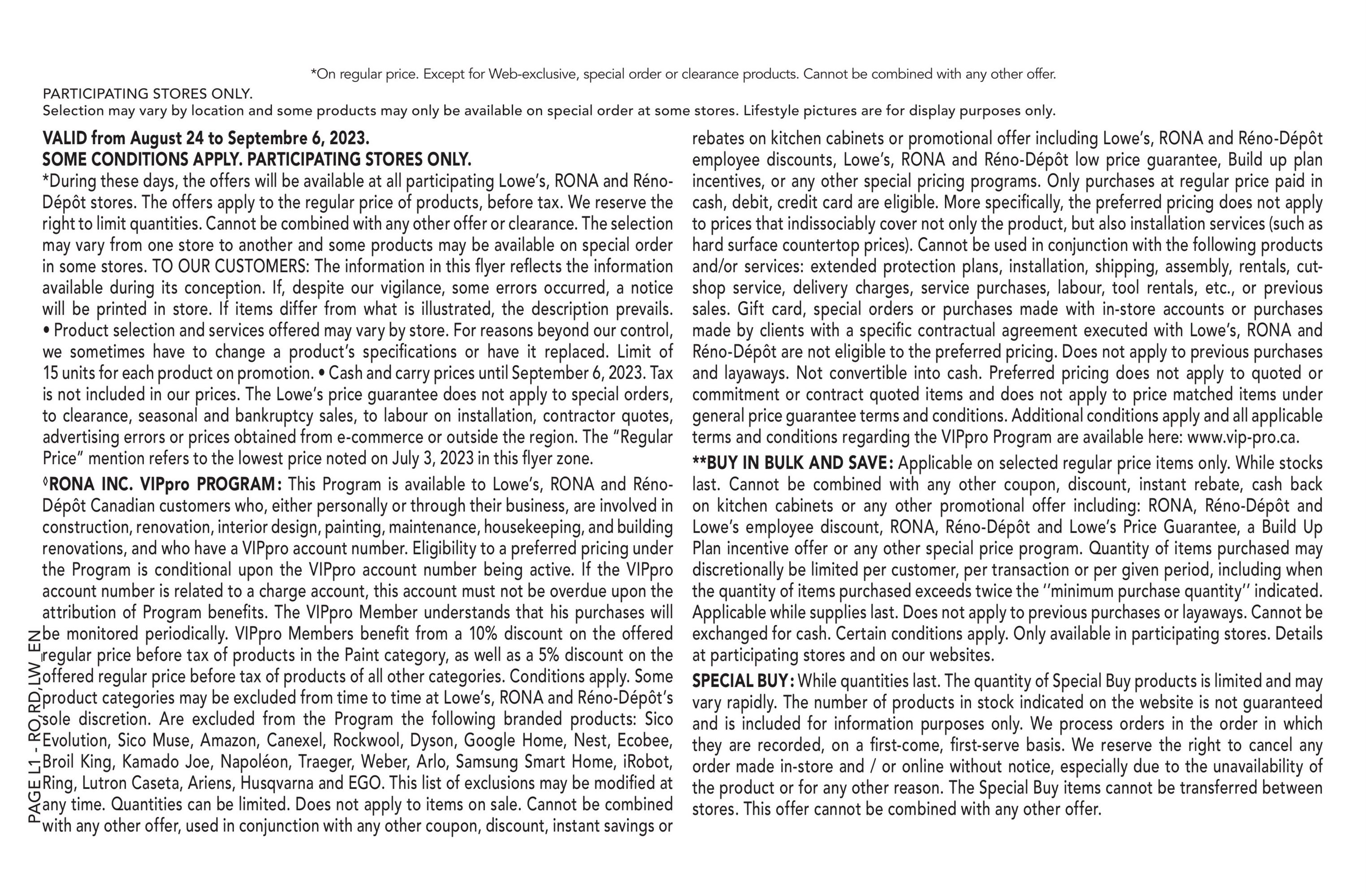 RONA Flyer (ON) VIP August 24 - September 6 2023